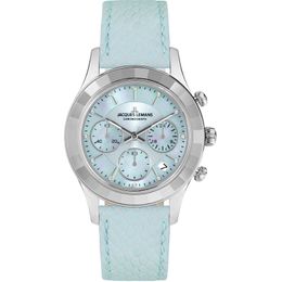 Jacques Lemans Damen Chronograph "Venice", blau, Armbanduhren, Armbanduhr, Damenuhr, Lederarmband, Stoppfunktion, Datum, Perlmutt