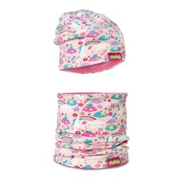 Reusch Jungen Beanie "Reusch Kids Hat and Scarf Set"rosa, wei&szlig;, bedruckt, 50% Polyester, 47% Baumwolle, 3% Elasthan, M&uuml;tzen, im niedlichen Design
