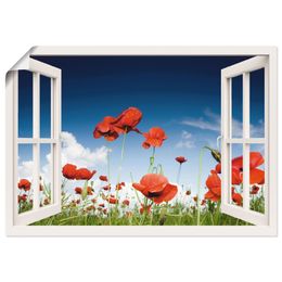 Poster Artland, B:70cm H:50cm, wei&szlig;, K&uuml;che, Bilder, "Fensterblick Feld mit Mohnblumen", ohne Rahmen