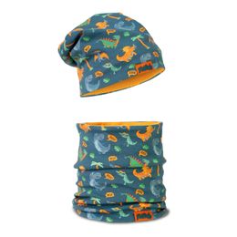 Reusch Jungen Beanie "Reusch Kids Hat and Scarf Set"dunkelblau, orange, bedruckt, 50% Polyester, 47% Baumwolle, 3% Elasthan, M&uuml;tzen, im niedlichen