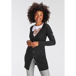 Kangaroos Damen Longstrickjacke, schwarz, Gr. 36, Zopfmuster, meliert, Strick, Obermaterial: 50% Baumwolle, 50% Polyacryl, Strickjacken, mit Kn&ouml;pfen,