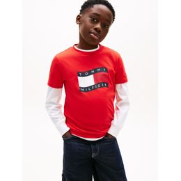 Tommy Hilfiger Jungen T-Shirt "WAVY FLAG T-SHIRT"rapid rot, Gr. 6, bedruckt, unifarben, Single Jersey, Obermaterial: 100% Baumwolle, Shirts, Kinder