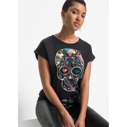 bonprix Damen T-Shirt, schwarz, Gr. 40, Obermaterial: 50% Baumwolle, 50% Viskose, Shirts, bequeme Passform, Kurzarm-Design, aus Baumwolle und Viskose