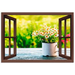 Alu-Dibond-Druck Artland, B:70cm H:50cm, braun, Bilder, "Fensterblick Garten mit G&auml;nsebl&uuml;mchen", f&uuml;r Innen- und Au&szlig;enbereich geeignet, Outdoorbild