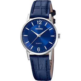 Festina Damen Quarzuhr, blau, Armbanduhren, Armbanduhr, Damenuhr, Lederarmband, analog
