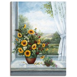 Leinwandbild Artland, B:45cm H:60cm, blau, Leinwand, Wohnzimmer, Bilder, "Sonnenblumen am Fenster", auf Holzrahmen gespannt