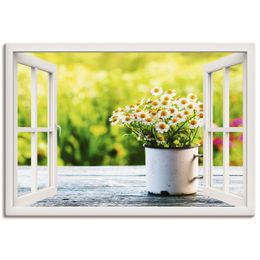 Leinwandbild Artland, B:100cm H:70cm, wei&szlig;, Wohnzimmer, Bilder, "Fensterblick Garten mit G&auml;nsebl&uuml;mchen", auf Holzrahmen gespannt