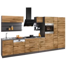 K&uuml;chenzeile KOCHSTATION, B:380cm T:60cm, braun, Komplettk&uuml;chen-Sets, "KS-Tulsa", mit E-Ger&auml;ten, Breite 380 cm, schwarze Metallgriffe, MDF Fronten