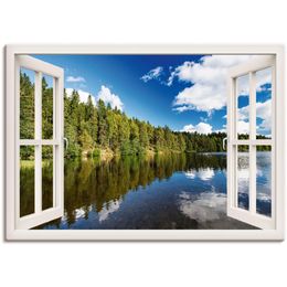 Leinwandbild Artland, B:100cm H:70cm, wei&szlig;, Wohnzimmer, Bilder, "Fensterblick Norwegische Landschaft", auf Holzrahmen gespannt