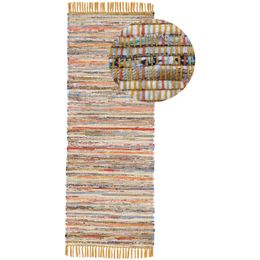 Teppich CarpetFine, B:80cm H:6mm L:400cm, gelb, Baumwolle, Polyester, Wohnzimmer, Teppiche, "Kelim Chindi, Wendeteppich", handgewebt, Fleckerlteppich
