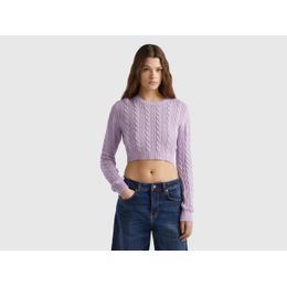 Damen Rundhalspullover, lila, Gr. L, United Colors Of Benetton, unifarben, Strick, Obermaterial: 100% Baumwolle, Pullover, cropped