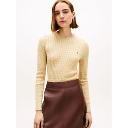 Tommy Hilfiger Damen Rundhalspullover "CO CABLE C-NK LS SWEATER", beige, Gr. L, unifarben, Strick, Obermaterial: 100% Baumwolle, Pullover, Baumwolle,