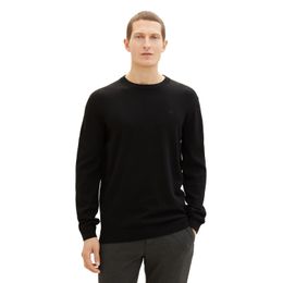 Tom Tailor Herren Rundhalspullover, schwarz, Gr. L, unifarben, Strick, Obermaterial: 100% Baumwolle, Pullover, mit Logostickerei