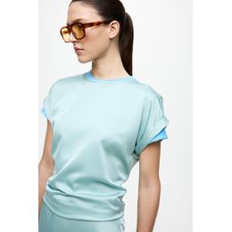 Kurzarmshirt Vila "VIELLETTE S/S SATIN TOP - NOOS", Damen, Gr. 36, blau (blau surf), Satin, Obermaterial: 100% Polyester, unifarben, regular fit normal, Rundhals, mit Umschlag, Shirts, Kunstfaser, regular fit