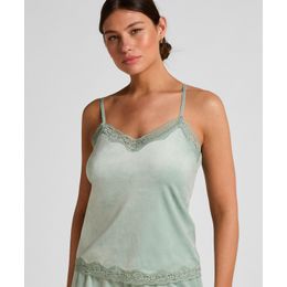 Hunkem&ouml;ller Pyjama HUNKEM&Ouml;LLER "Cami Top Velours Lace", Damen, Gr. L, gr&uuml;n, 95% Polyester, 5% Elasthan, Homewear-Sets Pyjama