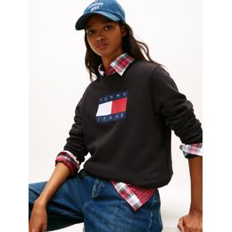 Tommy Jeans Damen Sweatshirt "TJW REG TJ FLAG CREW", schwarz, Gr. L, bedruckt, Sweatware, Obermaterial: 100% Baumwolle, Sweatshirts
