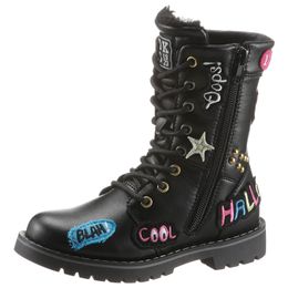 M&auml;dchen Schn&uuml;rstiefel, Dockers by Gerli, Gr. 31, schwarz, Lederimitat, Schuhe, Boots mit bunten Patches
