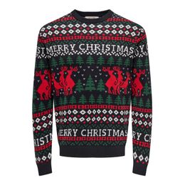 Only & Sons ONLY & SONS Herren Rundhalspullover "ONSX-MAX REG DEER CREW KNIT", blau, Gr. L, gemustert, Strick, Obermaterial: 100% Baumwolle, Pullover