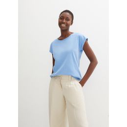 bonprix Damen T-Shirtmittelblau, Gr. 48, unifarben, Jersey, Obermaterial: 85% Baumwolle, 15% Seide, Shirts, Oversize-Passform, Kurzarm-Design, f&uuml;r