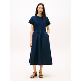 Tommy Hilfiger Damen A-Linien-Kleid "CODY MIX MEDIA C-NK MIDI DRESS", blau, Gr. M, unifarben, Web, Obermaterial: 100% Baumwolle, Kleider, in