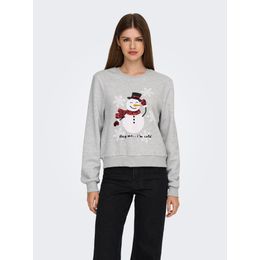 Only Damen Weihnachtssweatshirt "OnlyDA XMAS L/S O-NECK BOX SWT"light grau melange print:hug me im cold, Gr. L, bedruckt, angeraute Sweatware,