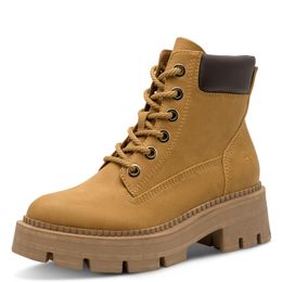 Tamaris Damen Schn&uuml;rboots, Gr. 41camelfarben, Lederimitat, unifarben mit Farbeinsatz, Schuhe, Blockabsatz, Schn&uuml;rstiefelette mit gl&auml;nzenden