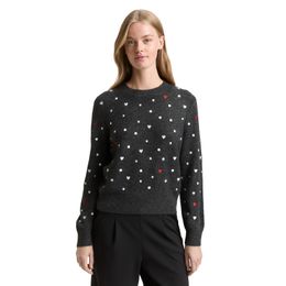 Damen Strickpullovergrau wei&szlig; dots and hearts, Gr. L, Tom Tailor Denim, bestickt, Strick, Obermaterial: 79% Polyacryl, 18% Polyester, 3% Elasthan,