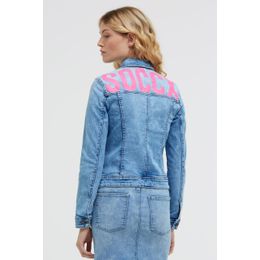 SOCCX Damen Jeansjacke, blau, Gr. L, bedruckt, bestickt, Jeans, Material: 63% Baumwolle, 25% Polyester, 10% Viskose, 2% Elasthan, Jacken, mit