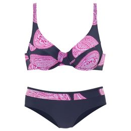 Lascana Damen B&uuml;gel-Bikini, blau, Gr. 44, Colorblocking, bedruckt, Polyamid, Bikini-Sets, seitlich extra h&ouml;her geschnitten, verstellbare Tr&auml;ger