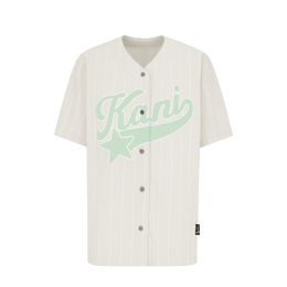 T-Shirt Karl Kani "Karl Kani Woven Signature Pinstripe Baseballshirt", Damen, Gr. XS, beige, 100% Polyester, bedruckt, loose fit, V-Ausschnitt, Shirts T-Shirt