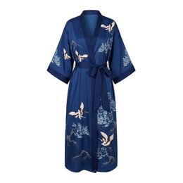 Vivi Idee Morgenmantel 'Morgenmantel Kimono Satin Kranich und Kiefer-2669' Damen Gr&ouml;&szlig;e XS/XXL blau