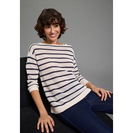 Laura Scott Damen 3/4 Arm-Pulloverbeige, navy gestreift, Gr. 48, Strick, Obermaterial: 100% Baumwolle, Pullover, leichter Sommerpullover aus modernem