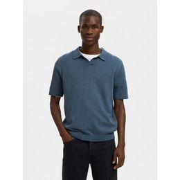 Selected Herren Poloshirt "SLHMATTIS SS KNIT SUN OPEN POLO NOOS", blau, Gr. M, unifarben, Strick, Obermaterial: 65% Baumwolle, 35% Leinen, Shirts