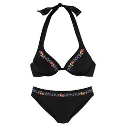 Buffalo Damen B&uuml;gel-Bikini, schwarz, Gr. 36, bestickt, unifarben, Polyamid, Bikini-Sets, mit Blumenstickerei