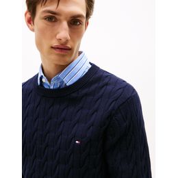 Tommy Hilfiger Herren Strickpullover "CLASSIC CABLE CREW NECK mit Strukturstrick und Flaglabel", blau, Gr. XXL, Obermaterial: 100% Baumwolle,