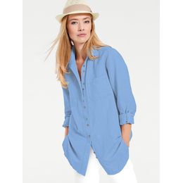 Heine Damen Longbluse, blau, Gr. 48, unifarben, 55% Baumwolle, 45% Leinen, Blusen