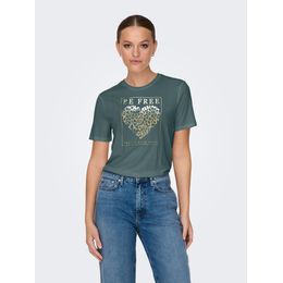 Kurzarmshirt Only "ONLFREE LIFE MODAL S/S ATELIER TOP JRS", Damen, Gr. M, balsam gr&uuml;n print:librarian heart, Jersey, Obermaterial: 70% Modal, 30% Polyester, bedruckt, regular fit normal, Rundhals, Shirts, Materialmix, Rundhals