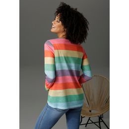 Aniston CASUAL Damen Langarmshirt, bunt, Gr. 34, Leinenoptik, geringelt, gestreift, Feinstrick, Obermaterial: 100% Polyester, Shirts, mit farbstarken