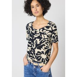 V-Shirt Street One, Damen, Gr. 40, beige (shadowed navy), Web, 50% Baumwolle, 50% Modal, gemustert, normal normal, V-Ausschnitt, abgesteppt, Shirts, mit abgerundetem V-Ausschnitt