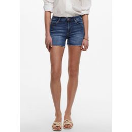 Only Damen Jeansshorts "ONLBLUSH &ndash; Jeansshorts mit fransigem Saum", blau, Gr. M, Abriebeffekte, Denim/Jeans, Obermaterial: 92% Baumwolle, 6%