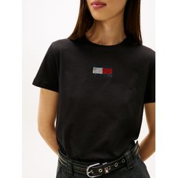 Tommy Jeans Damen Kurzarmshirt "TJW REG PARTY FLAG TEE EXT", schwarz, Gr. S, bedruckt, Single Jersey, Obermaterial: 100% Baumwolle, Shirts