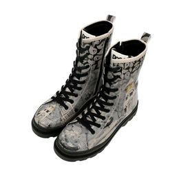 DOGO Damen Stiefelette "Gisele Schn&uuml;rstiefel Boots Spooky Town Damen Stiefeletten", Gr. 36, schwarz-wei&szlig;, Lederimitat, Schuhe, Handgefertigt