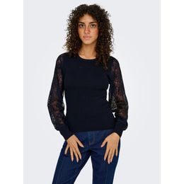 Rundhalspullover Only "ONLPERRY LIFE LS MIX O-NECK KNT", Damen, Gr. S, schwarz (schwarz detail:dtm lace), Strick, Obermaterial: 78% Polyester, 22% Viskose, unifarben, slim fit, Rundhals, Pullover Rundhalspullover