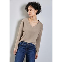 Street One Damen V-Ausschnitt-Pullover, beige, Gr. 44, unifarben, Strick, Obermaterial: 66% Polyester, 34% Viskose, Pullover, mit V-Ausschnitt