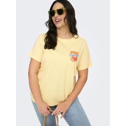 Only CARMAKOMA Damen Kurzarmshirt "CARBOLETTE LIFE REG S/S TOP BOX JRS", gelb, Gr. M, bedruckt, Jersey, Obermaterial: 100% Baumwolle, Shirts