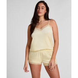 Hunkem&ouml;ller Pyjama HUNKEM&Ouml;LLER "Samit-Spitzen-Short", Damen, Gr. L, gelb, 95% Polyester, 5% Elasthan, Homewear-Sets Pyjama