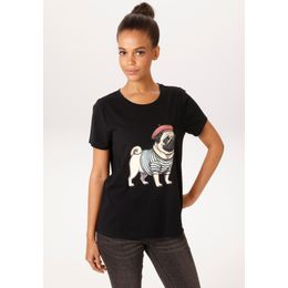 Aniston CASUAL Damen T-Shirt, schwarz, Gr. 46, bedruckt, Single Jersey, Obermaterial: 95% Baumwolle, 5% Elasthan, Shirts, mit Dackel oder Mops