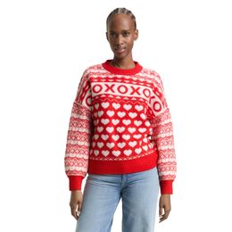 Damen Strickpulloverrot wei&szlig;, Gr. XS, Tom Tailor Denim, bedruckt, Strick, Obermaterial: 62% Polyacryl, 25% Polyester, 10% Baumwolle, 3% Elasthan,