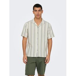 Only & Sons ONLY & SONS Herren Kurzarmhemd "ONSTREV LIFE REG STRIPE SS SHIRT NOOS", beige, Gr. M, gestreift, Web, Obermaterial: 55% Baumwolle, 45% Polyester,