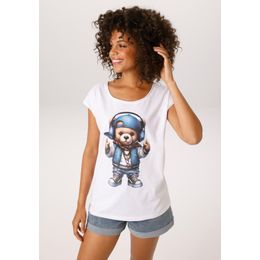 Aniston CASUAL Damen T-Shirt, wei&szlig;, Gr. 42, bedruckt, Single Jersey, Obermaterial: 100% Baumwolle, Shirts, mit coolem Teddyb&auml;r Frontdruck